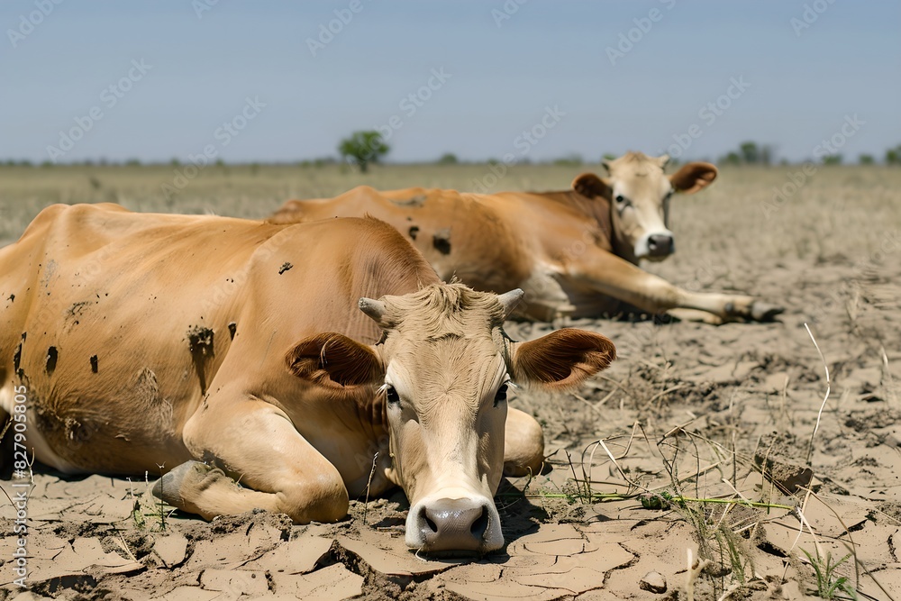 Cows lying on dry barren land. Natural disaster and drought concept ...