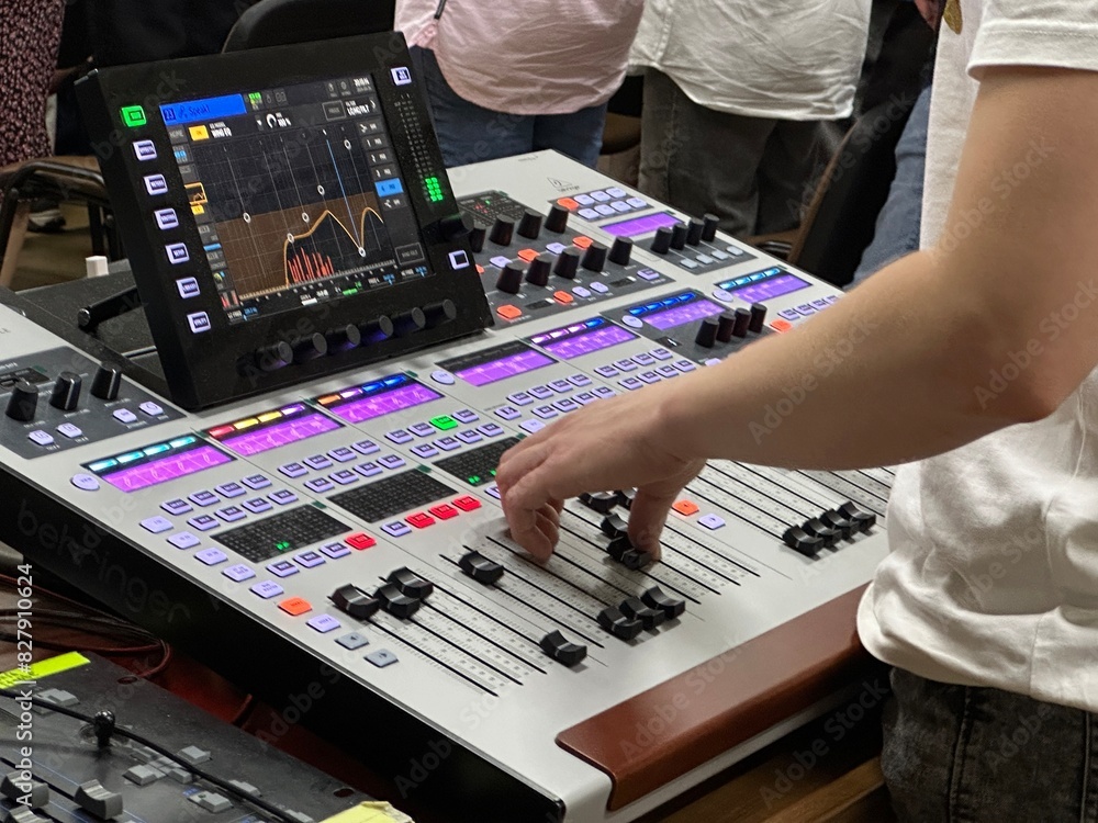 Analog audio mixer or console. Sound engineer and music control panel ...