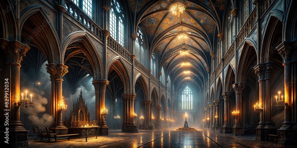 Dark gothic empty hall with stunning Renaissance architecture, lit by ...