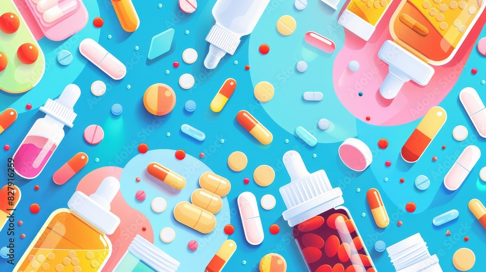 Top view flat design of an array of liquid medications and droppers ...