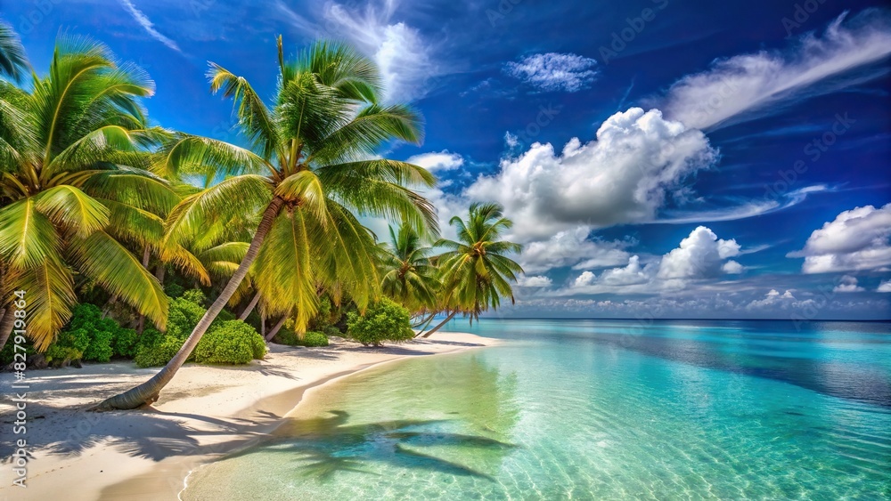 Idyllic tropical paradise beach with palm trees, white sand, and azure ...