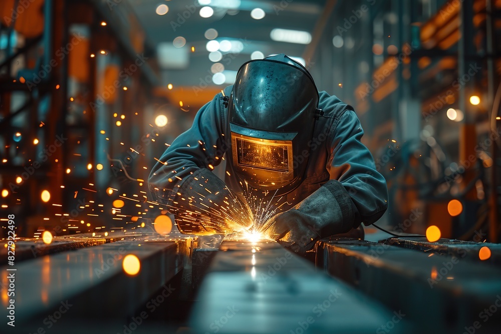 welding worker team working arc weld metal joint production in heavy ...
