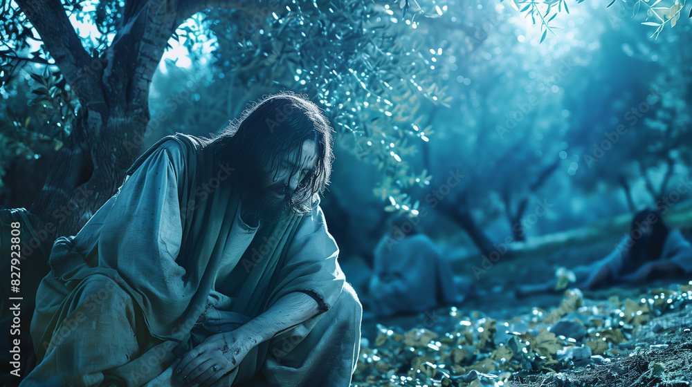 Jesus kneeling in the Garden of Gethsemane, praying with a sorrowful ...