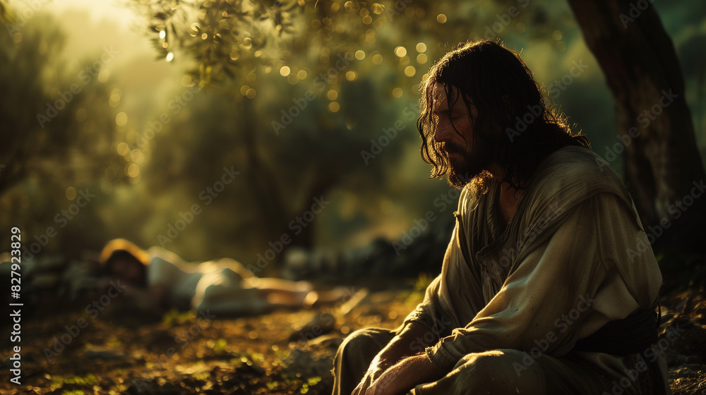 Jesus kneeling in the Garden of Gethsemane, praying with a sorrowful ...