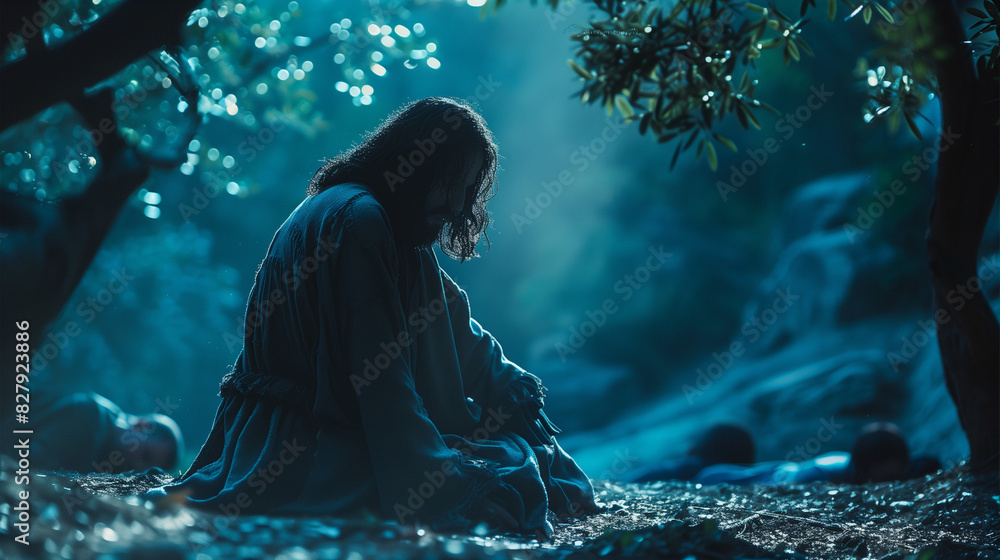 Jesus kneeling in the Garden of Gethsemane, praying with a sorrowful ...