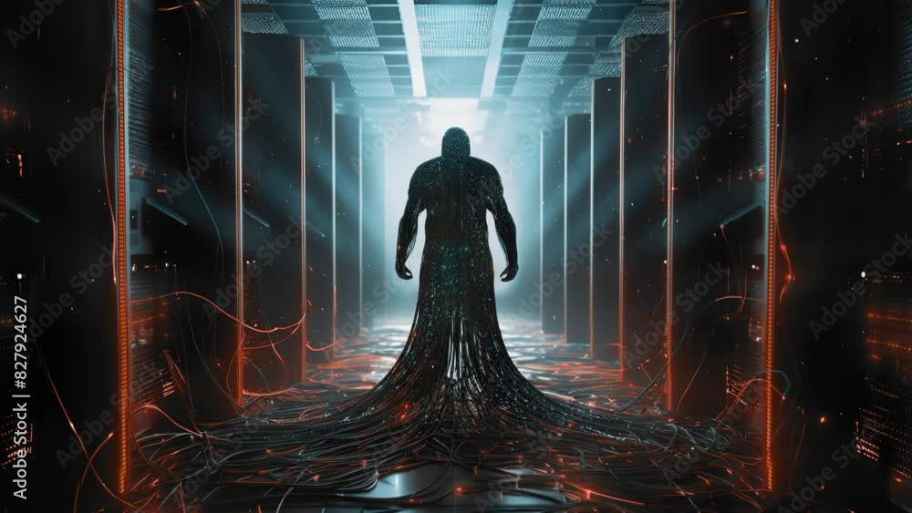 An AI Robot Body formed of Wires Standing In A Server Room With Wires ...