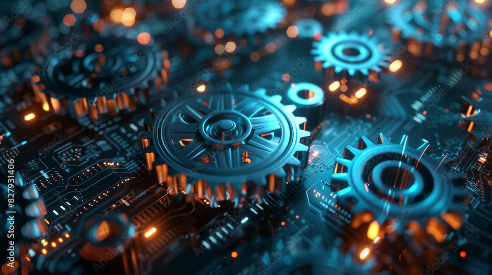 Interlocking gears of varying sizes rotating in perfect synchronization amidst a sea of digital ...