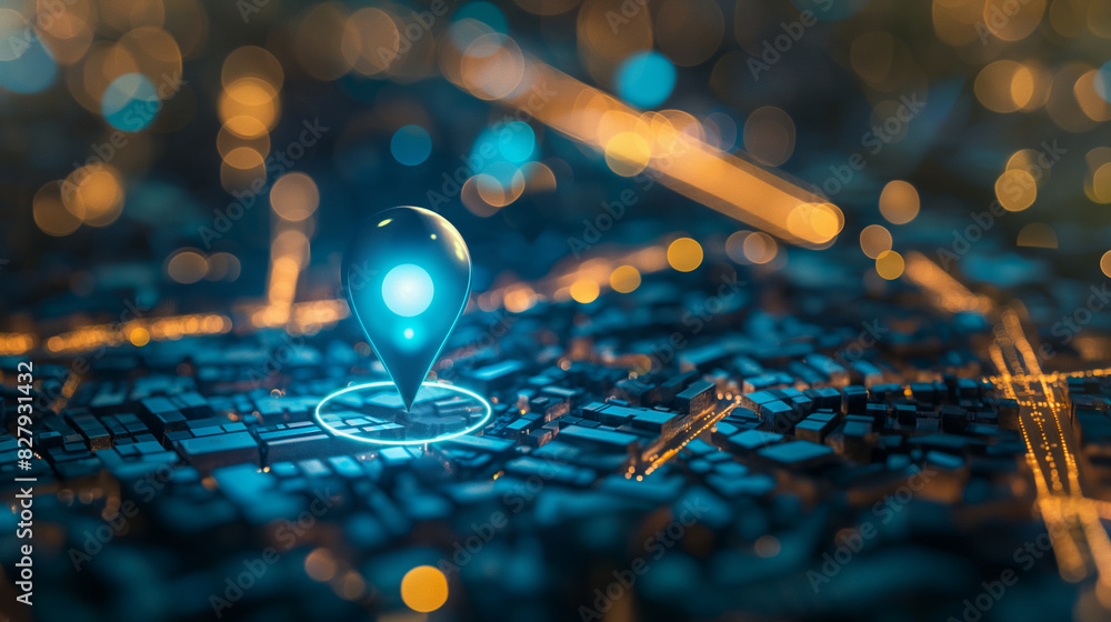 Blue geolocation map mark with a bright pin highlighting a central spot ...