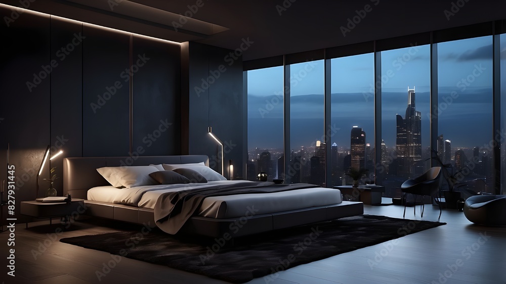 dark and foreboding penthouse bedroom at night A room with generative ...