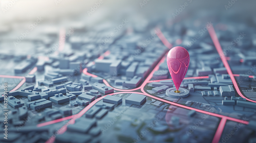 Pink pin location pointer on an elaborate city map, showing routes and ...