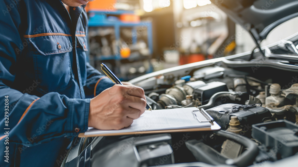 Mechanic meticulously writing on a clipboard, the open car engine ...