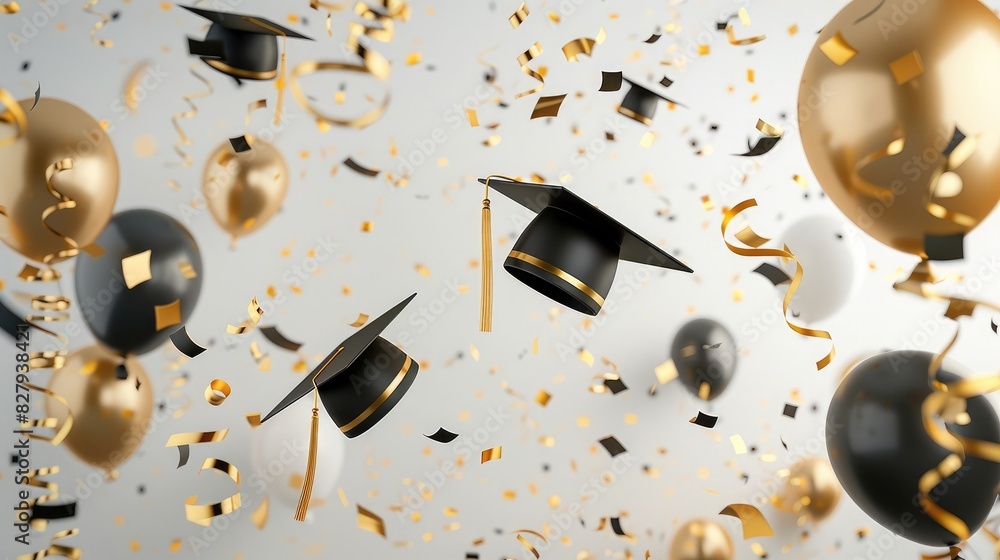 Falling black and gold graduation caps background with confetti and ...