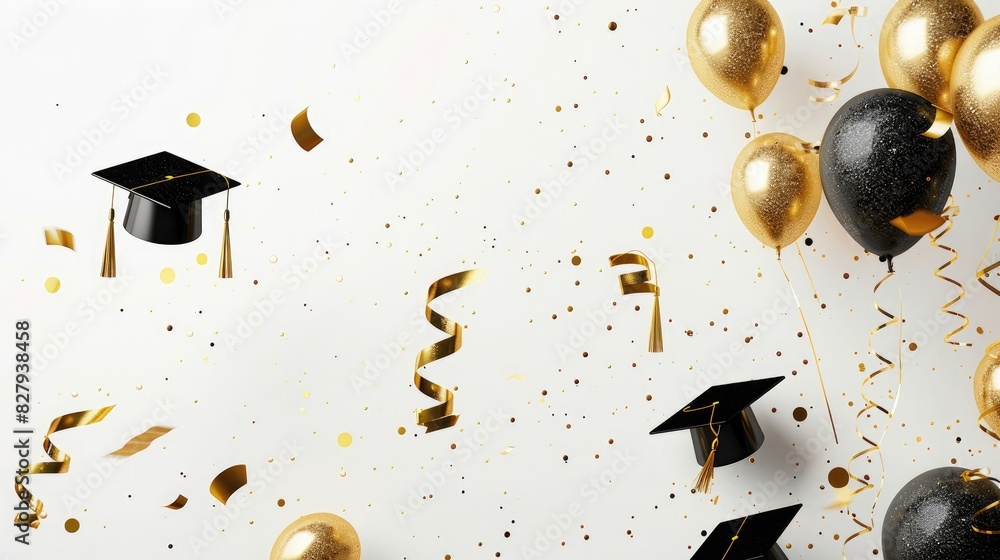 Falling black and gold graduation caps background with confetti and ...