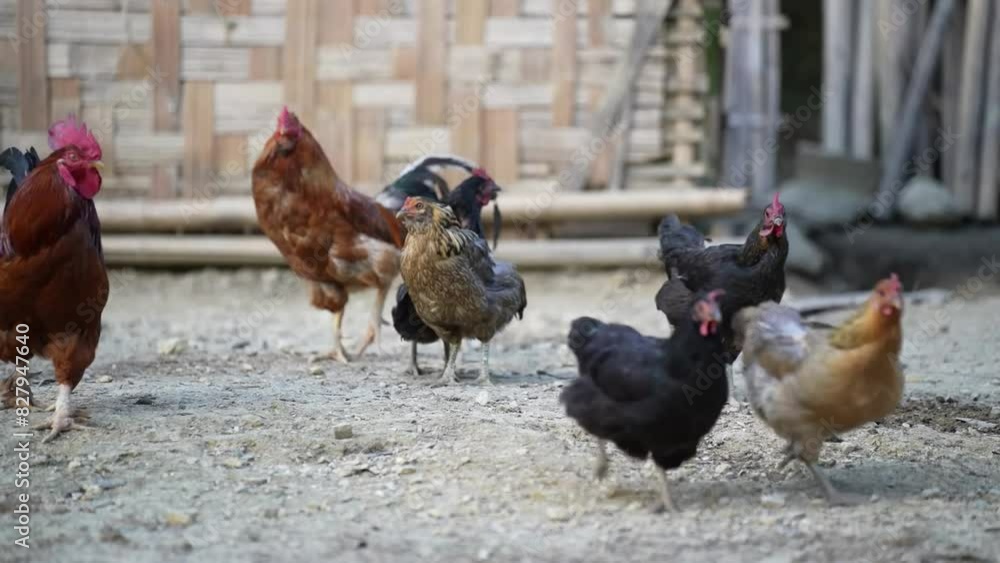 Footage of a group of chickens freely moving and pecking for food in an ...