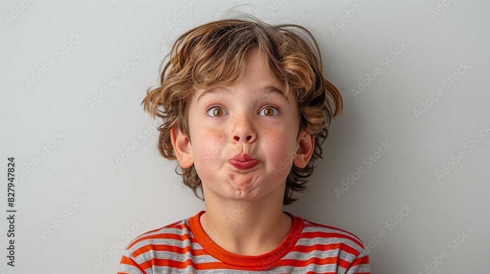 A little boy making a silly face with his hands against a white ...