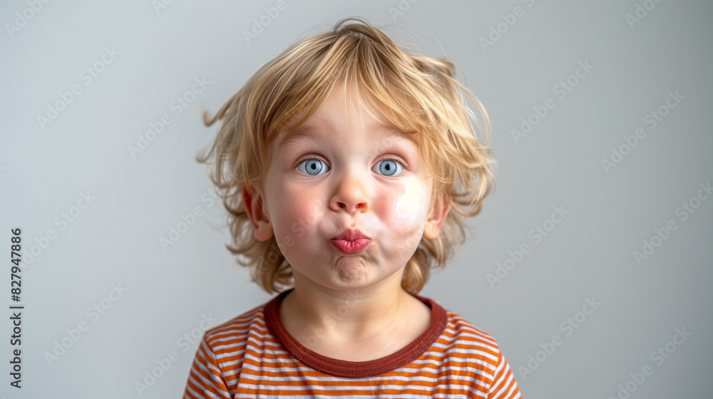 A little boy making a silly face with his hands against a white ...
