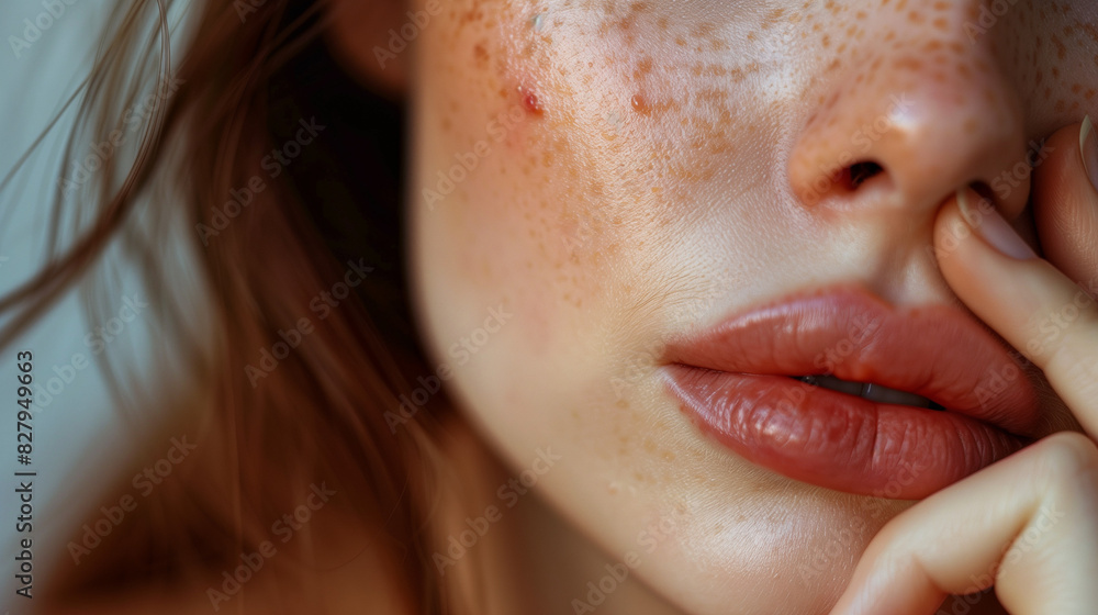 A closeup of a woman's face and hand, showing small red blemishes on ...