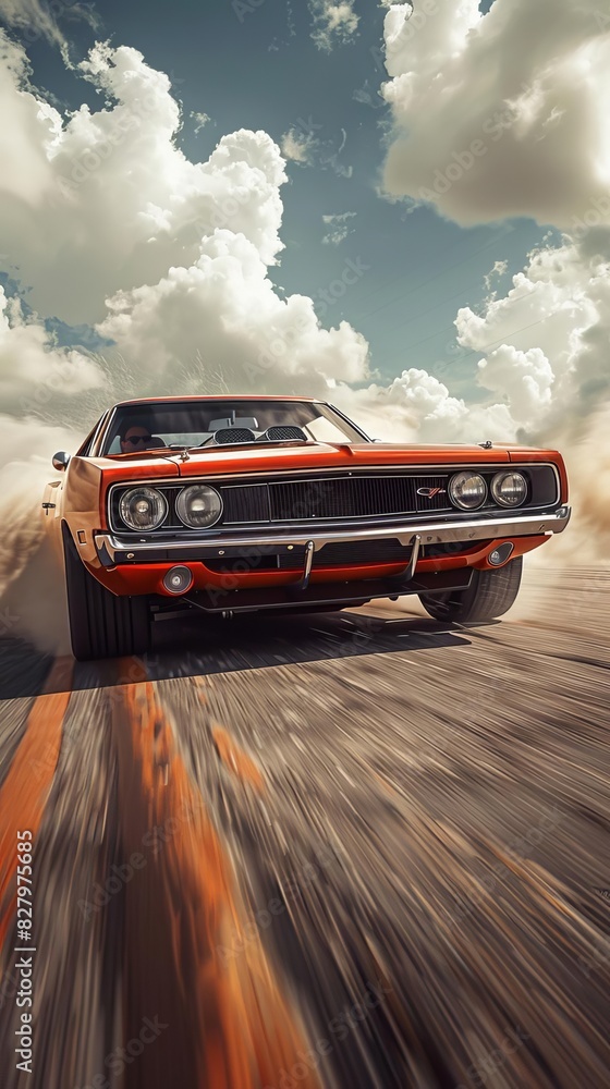 Iconic muscle car from the 1970s, roaring down an open highway, dust ...