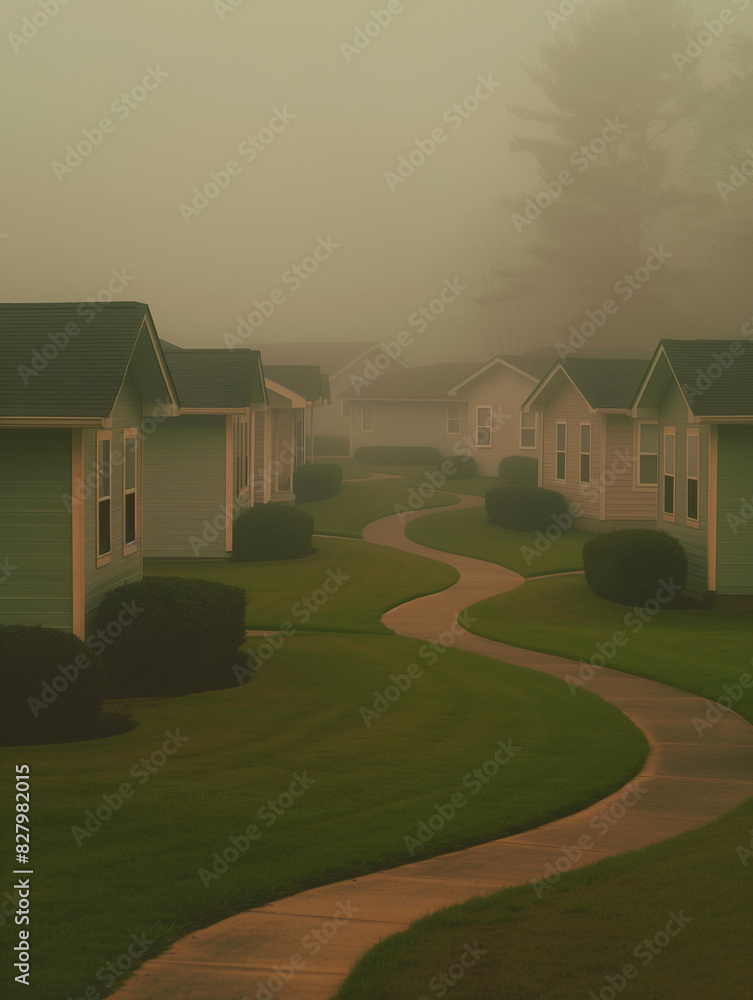 Liminal space. Asymmetrical photo of an American suburban neighborhood ...