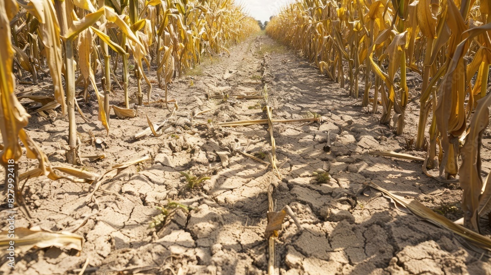 drought and bad harvest - parched land on crops field due to hot and ...