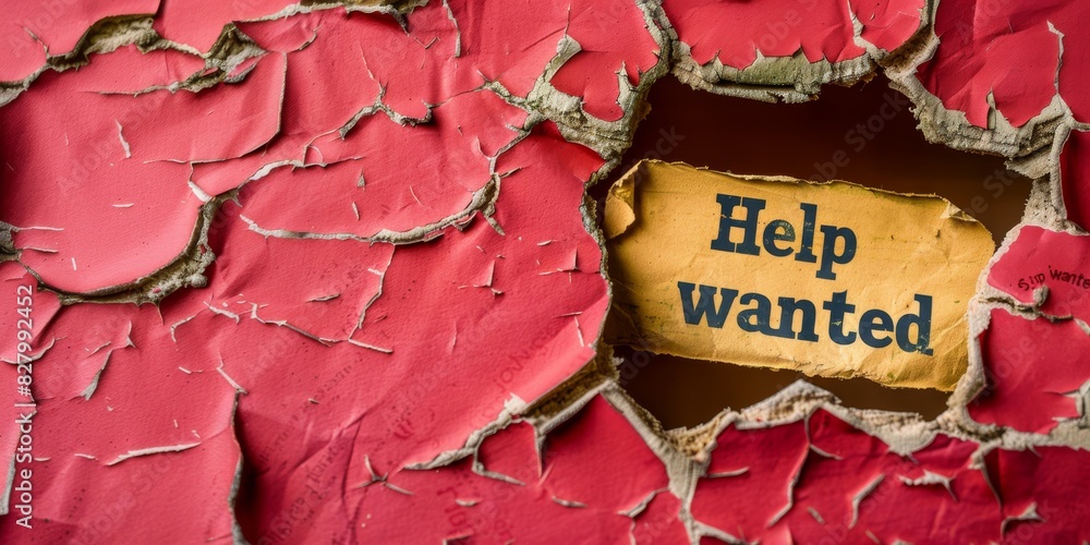 Help wanted sign behind red peeling paint texture. Conceptual close-up ...