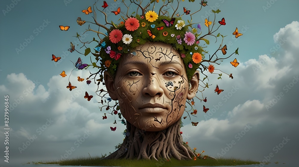 Tree Shaped Like a Human Head with Butterflies and Flowers - Nature and ...