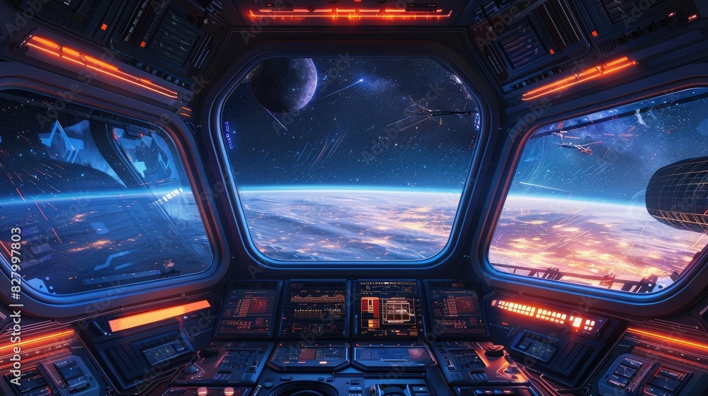 Futuristic spaceship cockpit interior with a view of space station and stars. A large spaceship ...