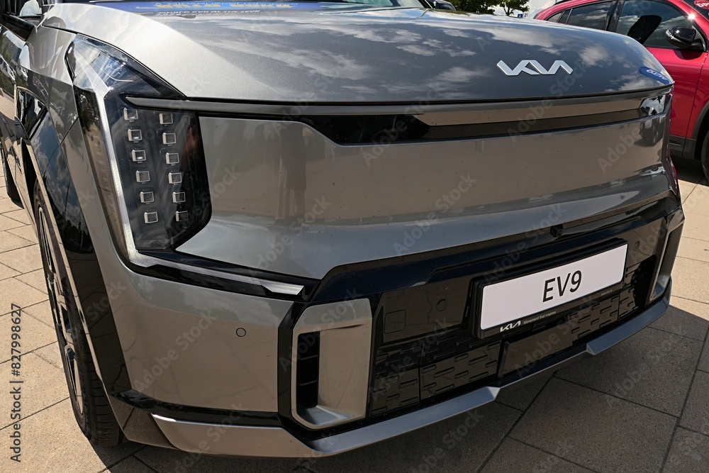 Right front view of massive front mask of modern all electric korean ...