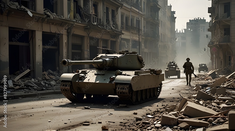 Tank Marching Through Destroyed City Landscape,military invasion, war ...