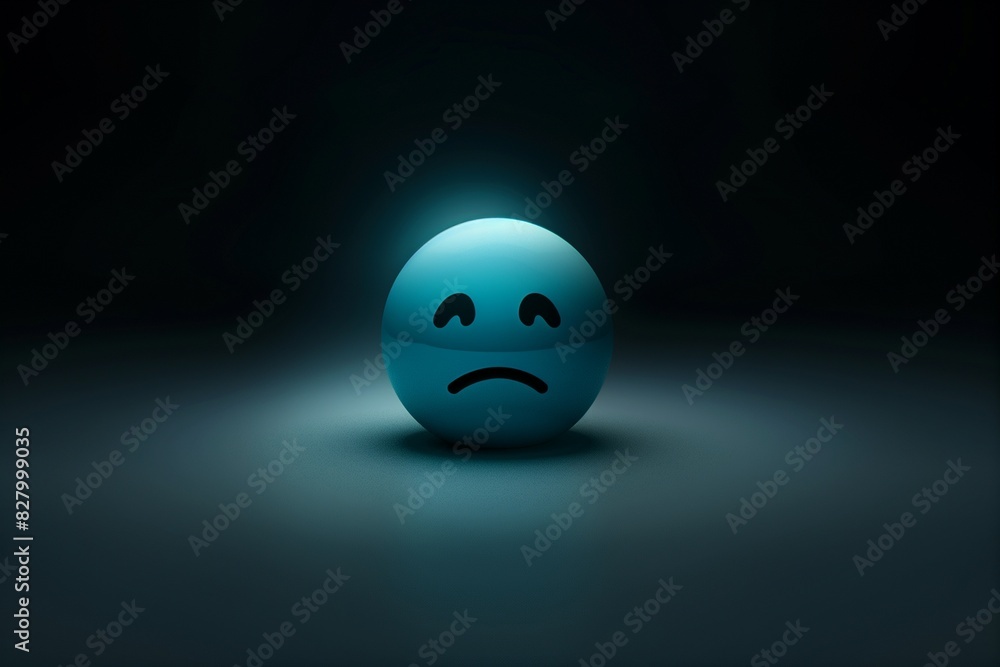 A single blue sad emoticon floating in the center of a pitch-black ...
