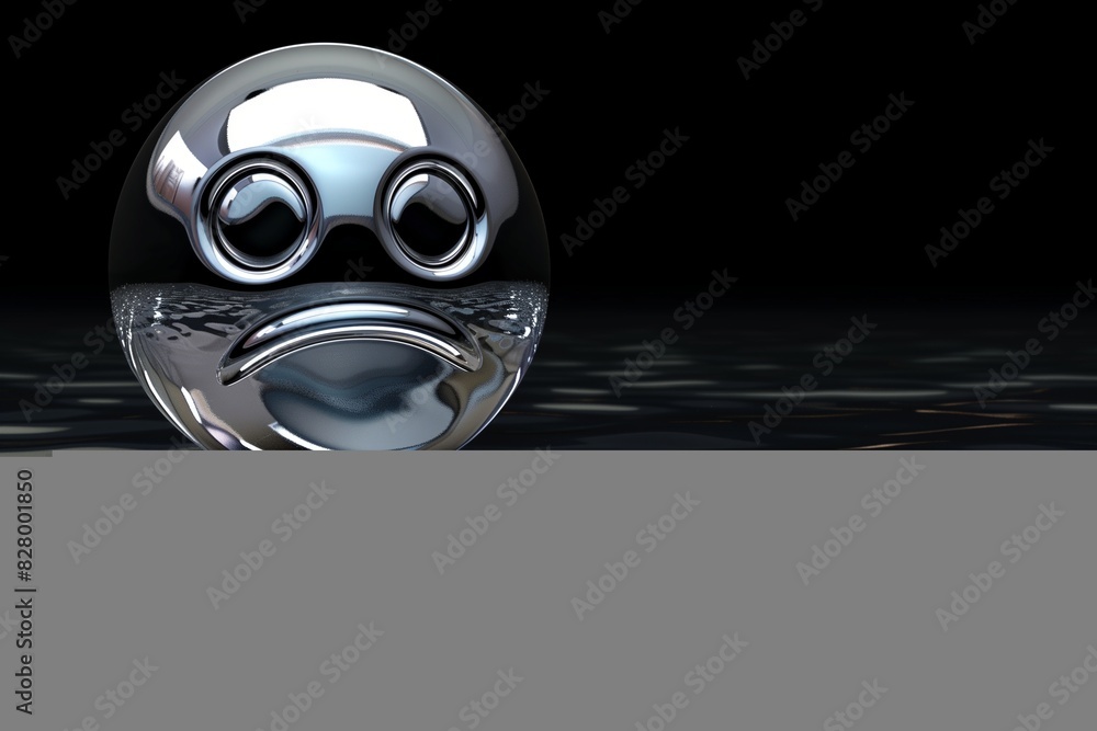 A sad emoticon made of reflective chrome material, placed in the center ...