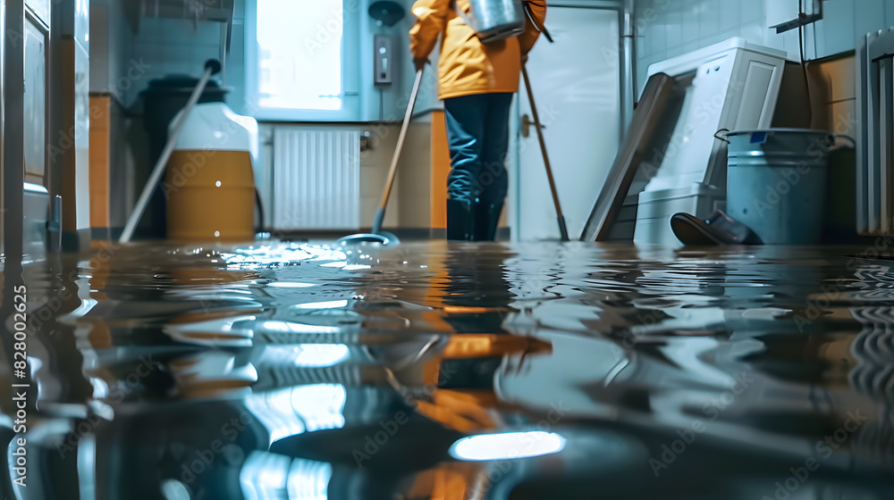 Mopping up deep floodwater in a basement or electrical room after a ...