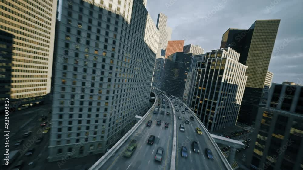 Metropolitan Downtown City Fly Through Highway Traffic Jams Financial ...