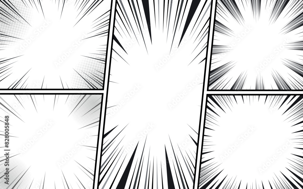 vector comic book page template with radial speed lines background in ...