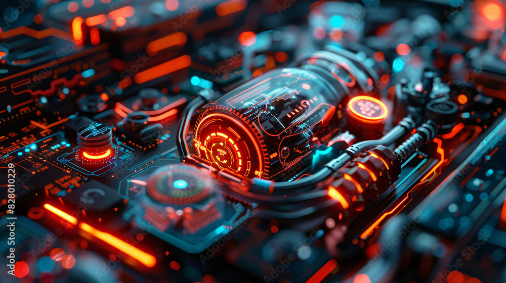 A futuristic car engine system illuminated by LED lights, with holographic displays projecting ...