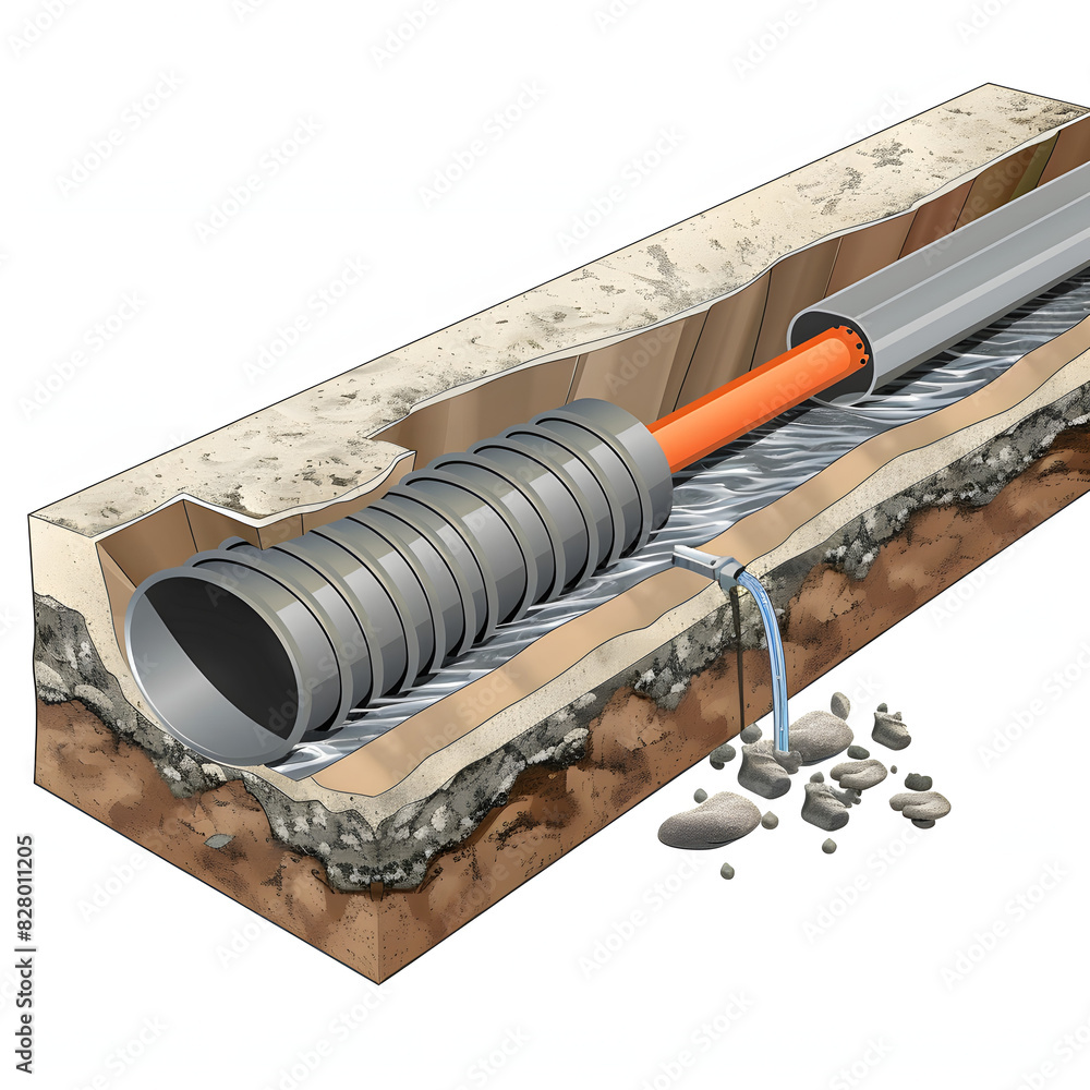 Installing storm drainage drain pipe into trench drain for draining ...