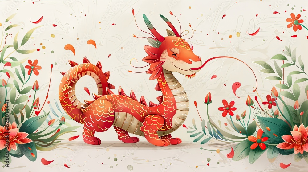 Cute Chinese dragon, symmetry, cute doodle art,sculpeure art, woodblock ...