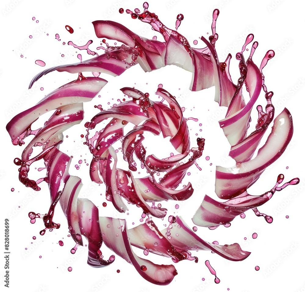 Onion slices in a spiral with a splash of juice, isolated on white ...