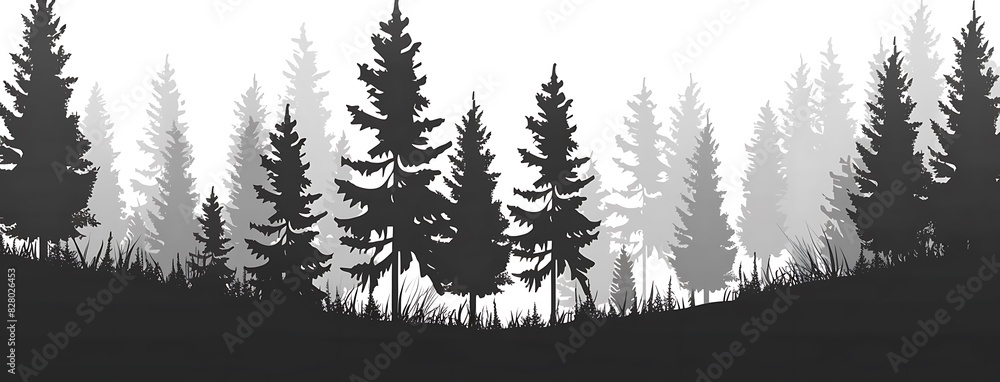 Silhouette illustration of a single pine tree and the bordering pine ...