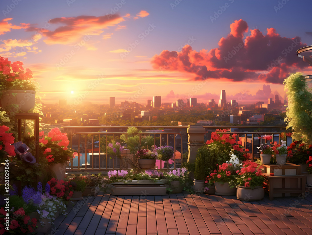 Sunset on rooftop garden, Rooftop garden afternoon view, garden corner ...