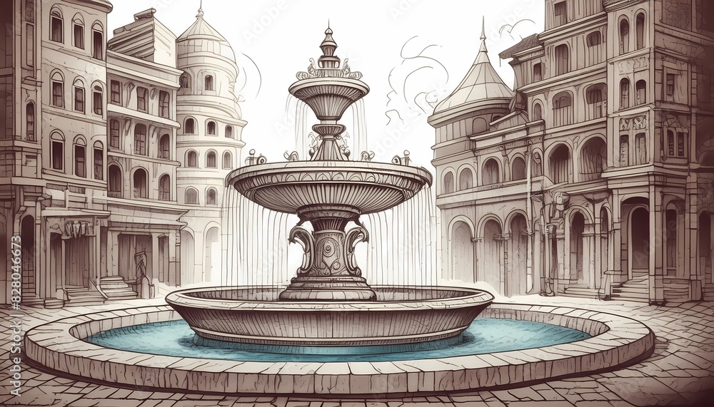 Fountain in the middle of a medieval city with pencil drawing style and ...