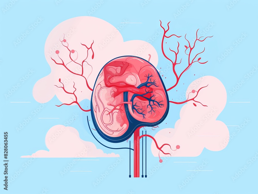 Medical illustration of human kidney with blood vessels. Anatomical ...
