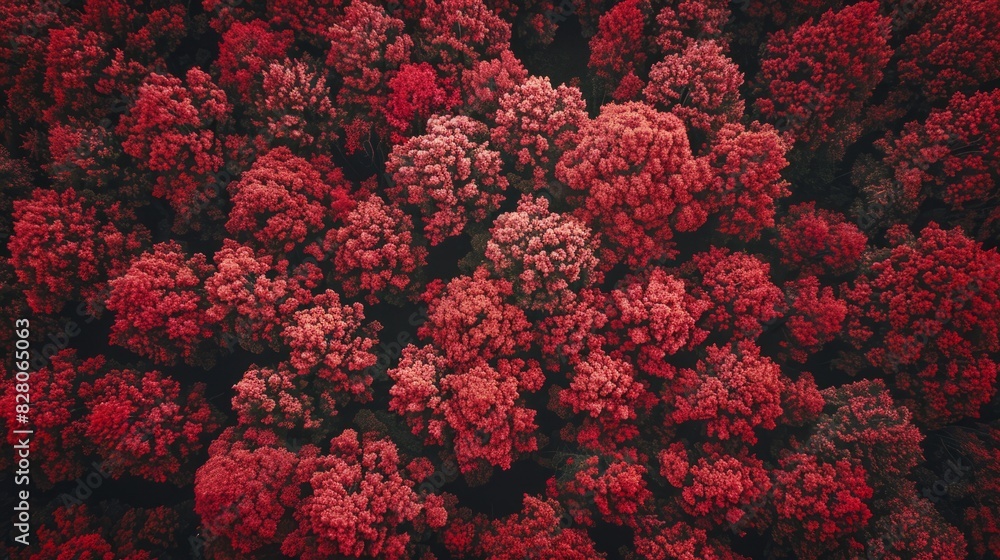 Aerial top view of red trees in forest. Drone view of dense red tree ...