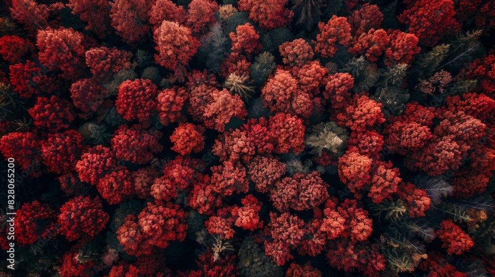 Aerial top view of red trees in forest. Drone view of dense red tree ...