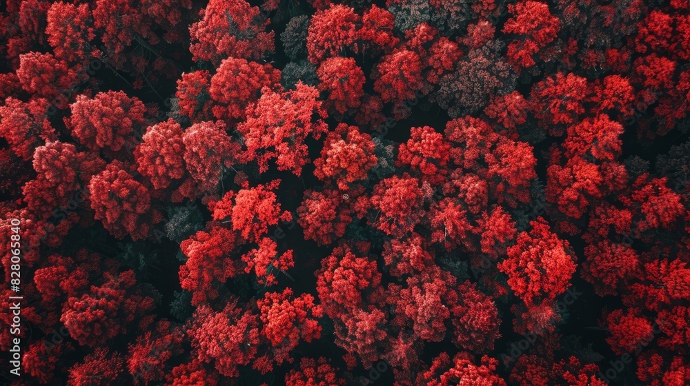 Aerial top view of red trees in forest. Drone view of dense red tree ...