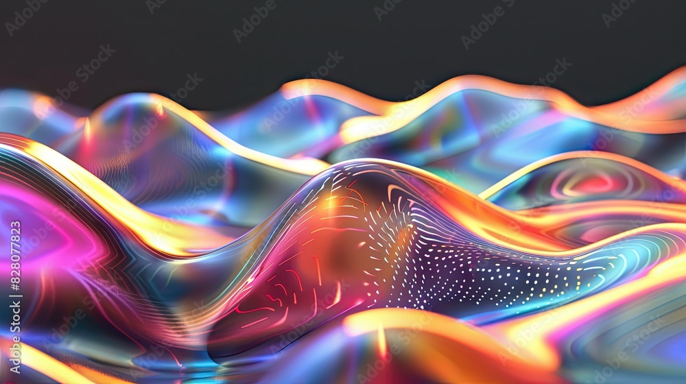 Futuristic holographic waves in vibrant neon colors pulsating against ...
