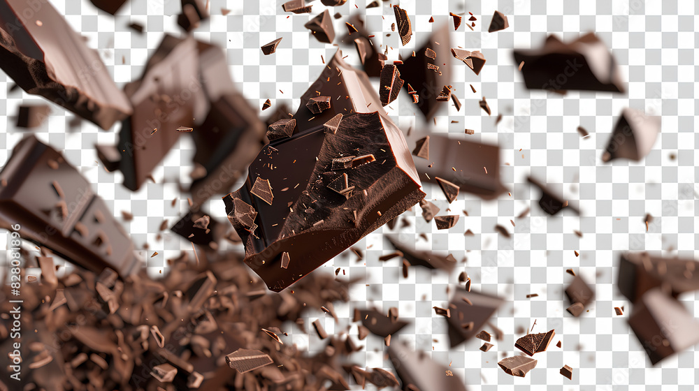 Various types of chocolate falling with choc flake in the air isolated ...