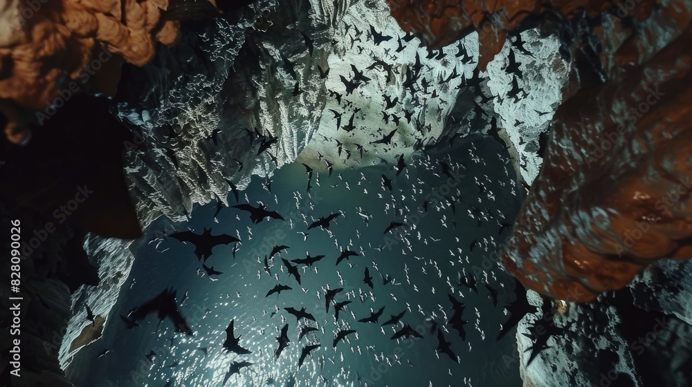 Bird's-eye view of bats swarming into a cave, revealing the mesmerizing ...