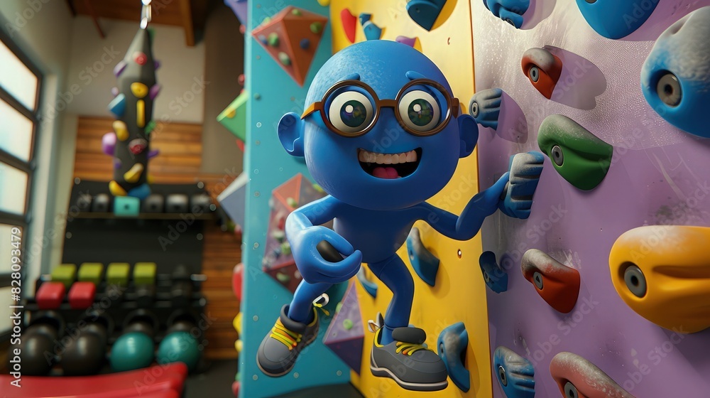 A cartoon blueberry character in 3D, wearing bifocals, on a climbing ...
