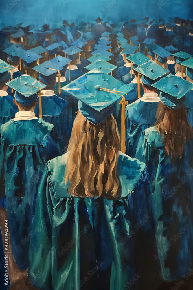 Vertical Graduation Day Graduates Crowd Blue Painting Stock ...